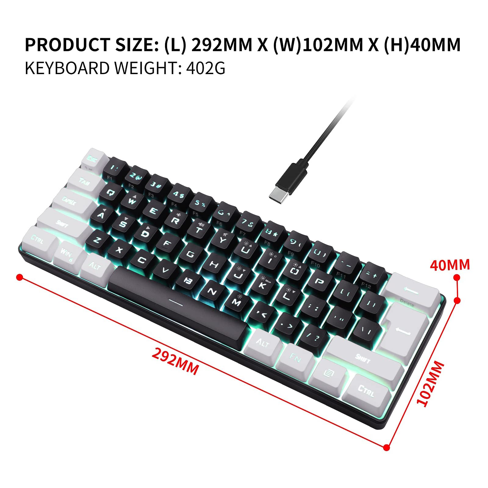 CTBTBESE 60% Wired Gaming Keyboard, RGB Backlit Mechanical Feeling Keyboard, Ultra-Compact Mini Waterproof Keyboard for PC Computer Gamer White and Black (Black and White)