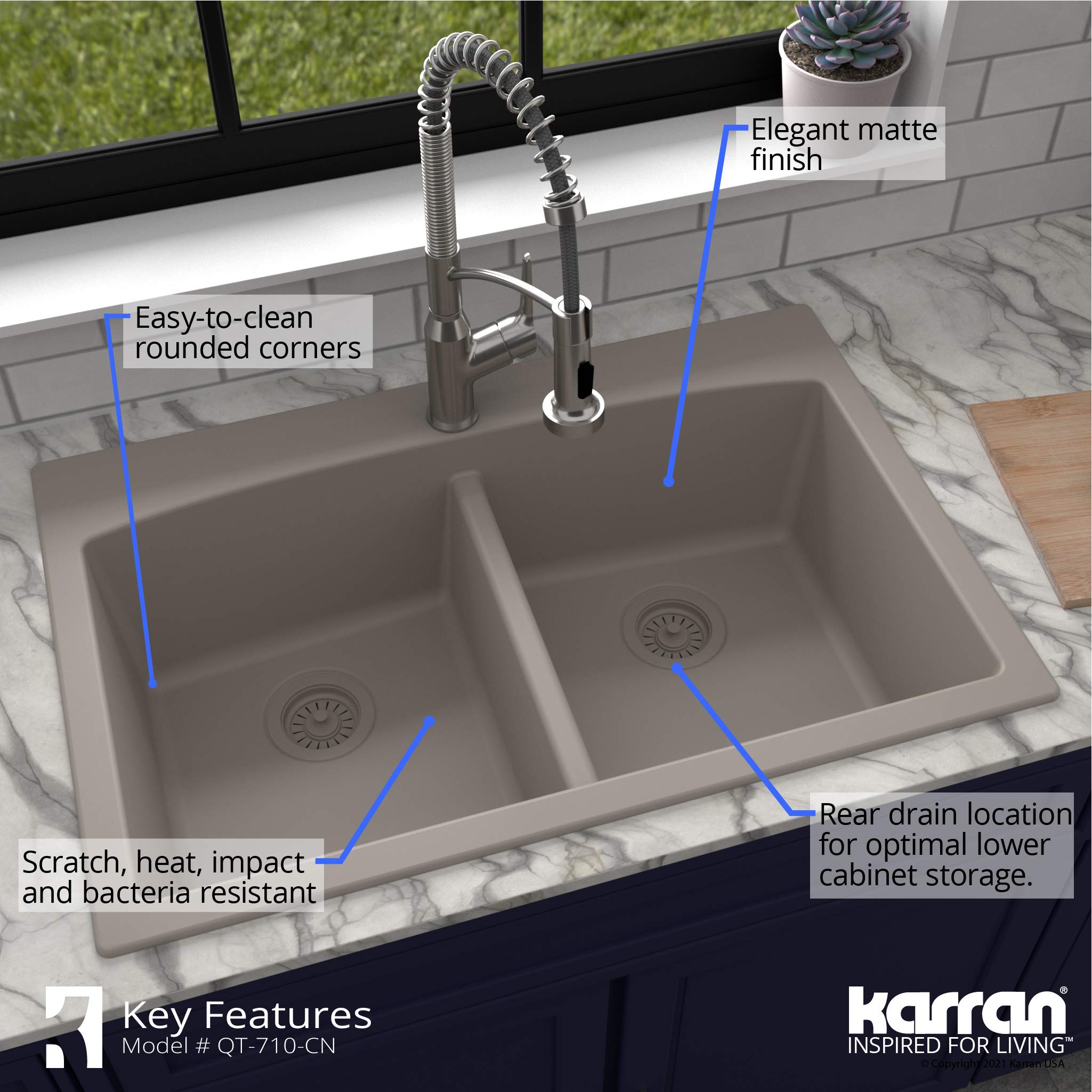 Karran QT-710 Drop-in Quartz Composite 33 in. 1-Hole 50/50 Double Bowl Kitchen Sink Kit in Concrete