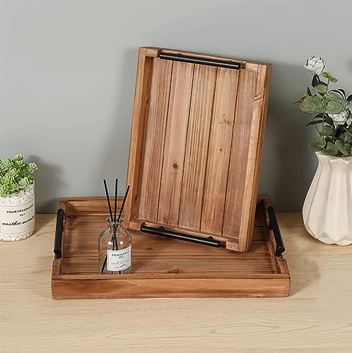 Juleduo 2 Piece Decorative Nested Vintage Wood Serving Tray Set for Eating, Breakfast, Party, Kitchen, Ottoman,Tea Coffee Table& Home Decor, Decorative Serving Trays Set