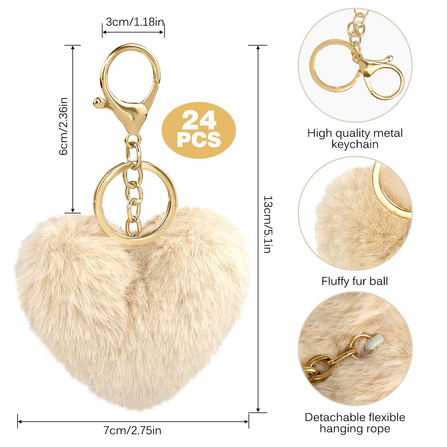 Colored Pom Pom Keychain Bulk Heart Fluffy Fur Puff Ball Key for Women (24pcs)