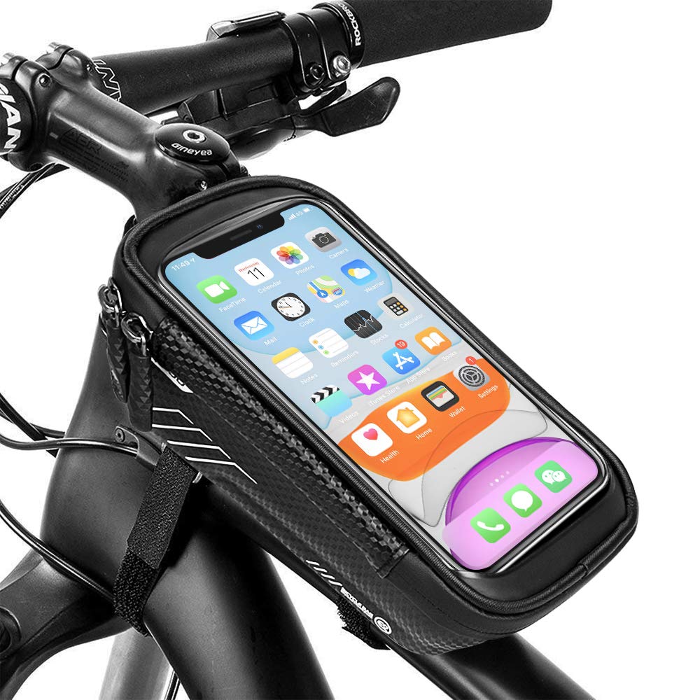 Bike Phone Front Frame Bag - Waterproof Bicycle Top Tube Cycling Phone Mount Pack with Touch Screen Sun Visor Large Capacity Phone Case for Cellphone Below 6.5’’ iPhone 7 8 Plus xs max