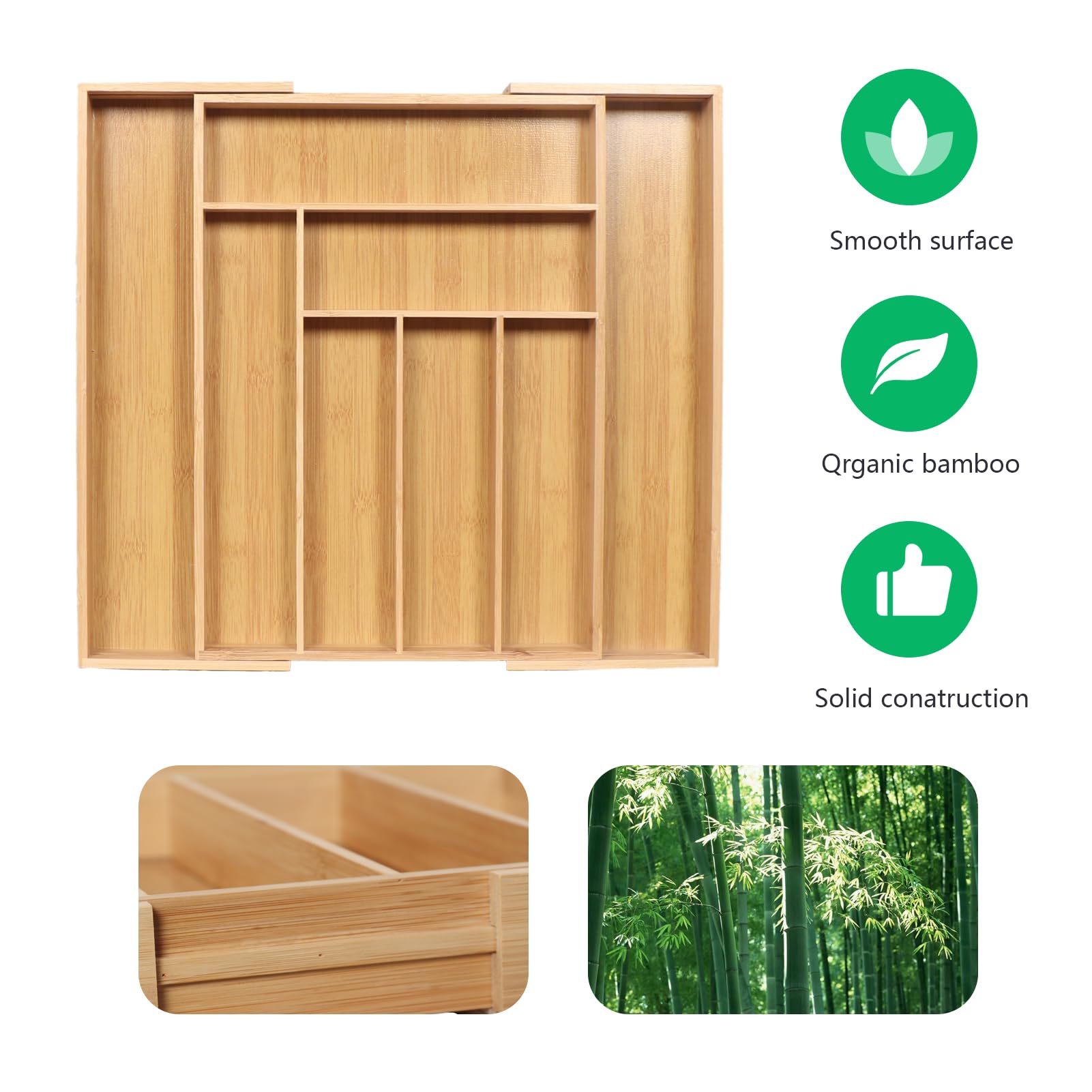 Beolee.Dan Bamboo Adjustable Cutlery Tray,Kitchen Drawer Organizer-Wood Drawer Dividers Organizer for Silverware,Flatware, Knives in Kitchen, Bedroom, Living Room(8 main compartments