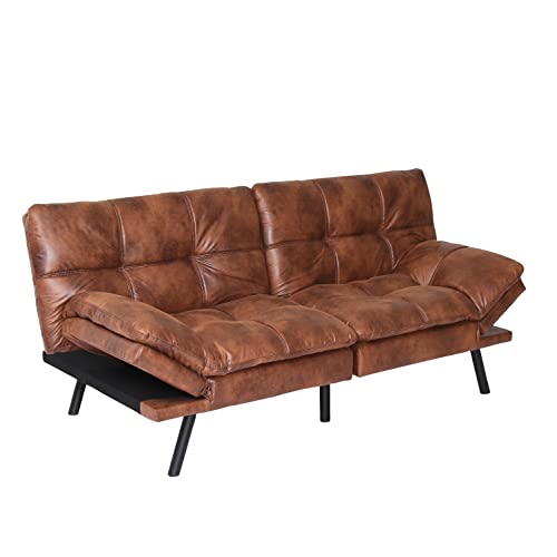 GLANZEND Retro Convertible Futon Sofa, Memory Foam PU Couch Folding Sleeper Bed with Adjustable Armrests, Faux Leather Thicker Cushion for Living Room Apartment Office, Brown