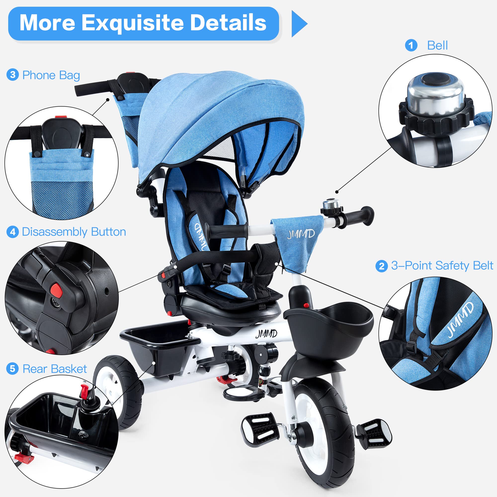 JMMD Baby Trike, 6-in-1 Kids Tricycle with Adjustable Push Handle, Removable Canopy, Safety Harness for 18 Months - 5 Year Old, Blue