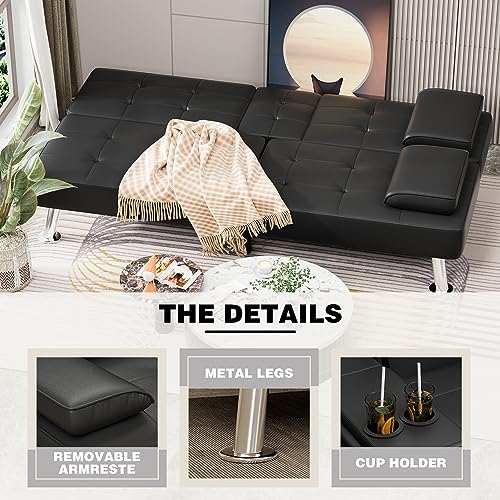 JUMMICO Faux Leather Upholstered Modern Convertible Folding Futon Sofa Bed with Removable Armrests, Adjustable Recliner Couch Bed Loveseat with 2 Cup Holders for Living Room