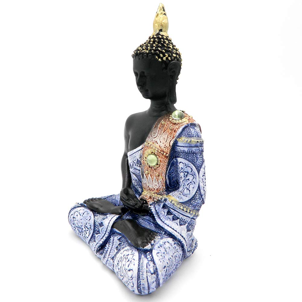 Rockin Buddha Statue Black Body Dress Blue Antiques 8 inches Tall Pattern Decoration Mantra Buddha Home Decoration Office Meditation Room Temple Statues for Home Decor