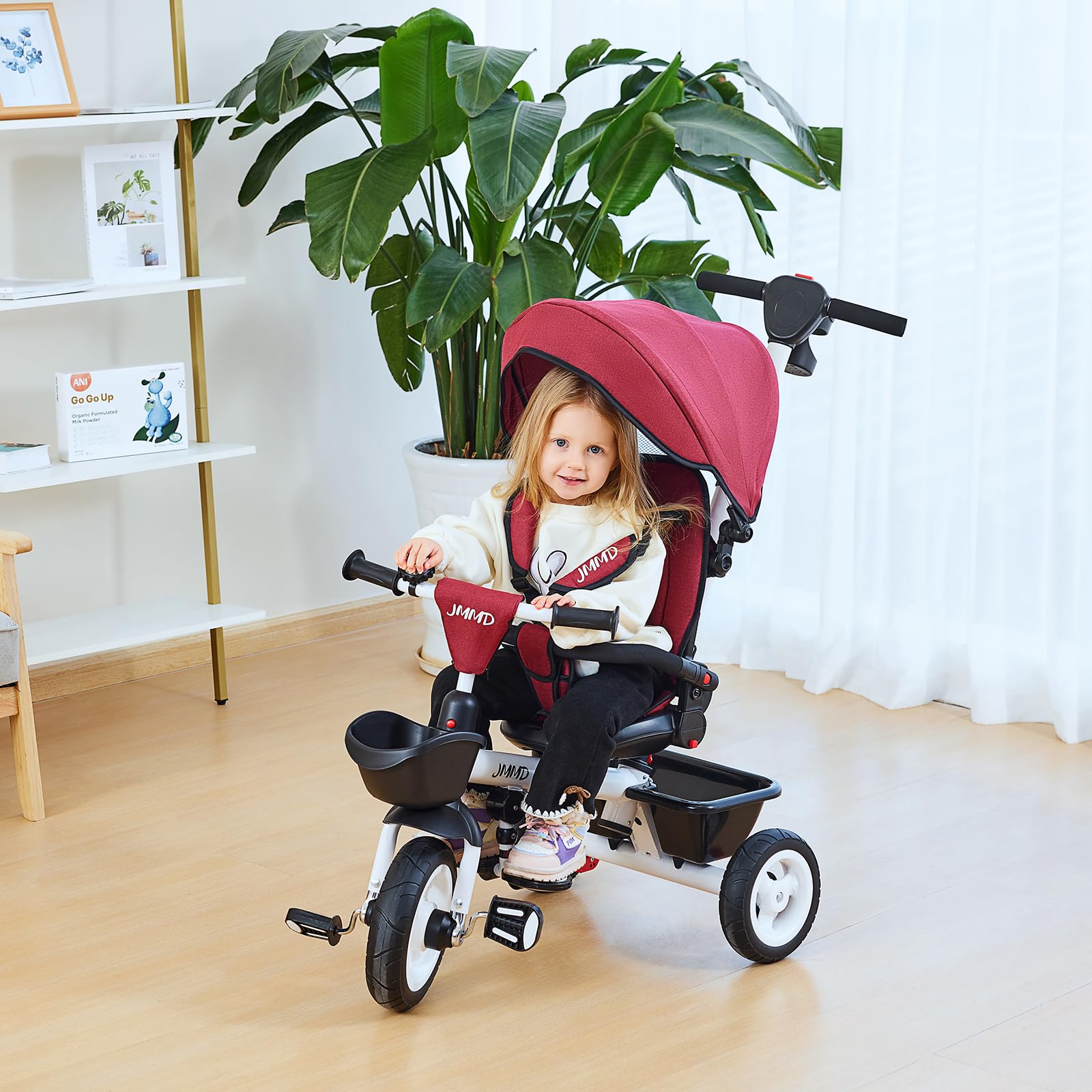 JMMD Baby Trike, 6-in-1 Kids Stroller Tricycle with Adjustable Push Handle, Removable Canopy, Safety Harness for 6 Months - 5 Year Old(Red)
