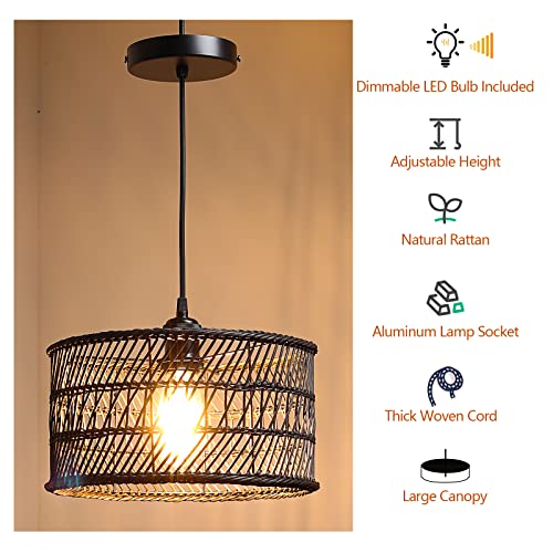 HOONEX Rattan Chandelier, Rattan Light Fixture Ceiling, 12.4" Wicker Pendant Light for Dining Room Bedroom Kitchen Island, Black