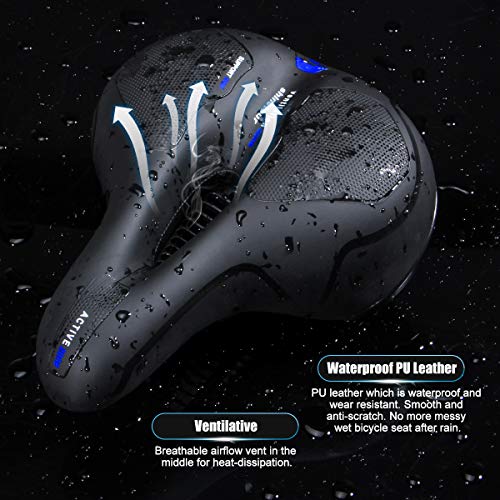 Bike Seat for Men and Women, Comfortable Bicycle Seat Replacement Soft Memory Foam with Dual Shock Absorbing Rubber Ball Universal Wide Bicycle Saddle, with Mounting Tools,Reflective Strap,Storage Bag
