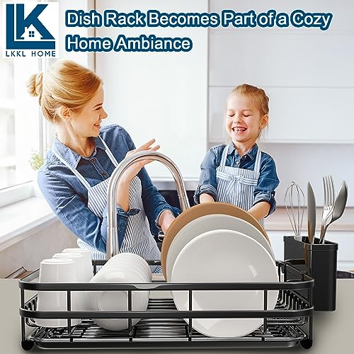 LKKL Dish Drying Rack, Large Capacity Dish Rack for Kitchen Counter, Extendable Dish Rack, Anti-Rust Stainless Steel Dish Drainer with Utensil Holder Cups Holder, Black