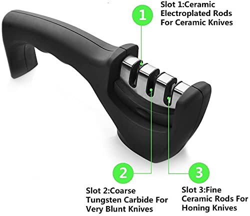 Bectim Knife Sharpener Kitchen Knife Sharpening with 3 Stages: Emery, Wolfram Steel, Ceramic Notch for Sharpening Straight Blades from Blunt to Razor Sharp (Black)