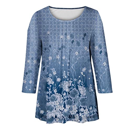 Camiseta con Estampado de Manga 3/4 para Mujer, Blusa holgada con Cuello Redondo, Camisetas, túnica moderna Suave,Blue,Small