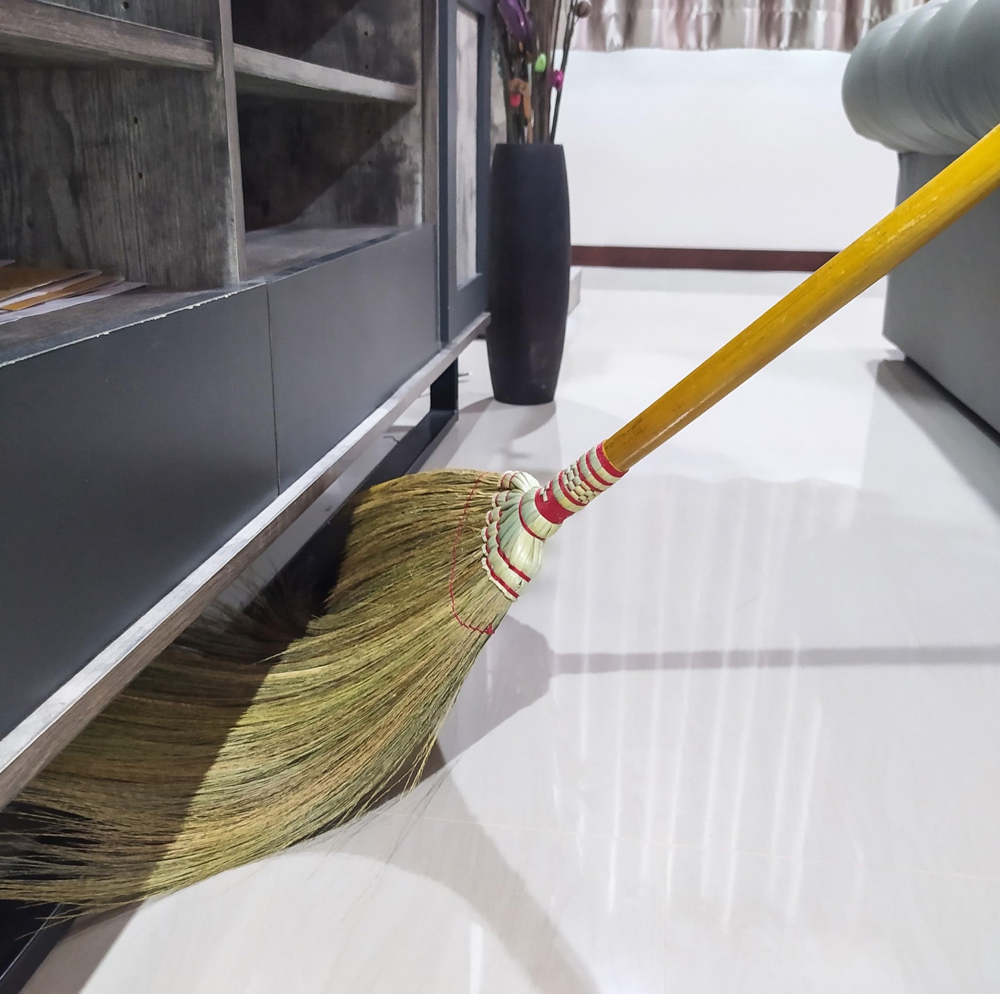 Indoor Grass Broom 40 Inch with Bamboo Handled Brooms for Floor Cleaning, Smooth & Hard Floor - Sweeping Tool Unique Handmade Craft Broom Design for Home, Kitchen, Office, Courtyard, Tiled Floor