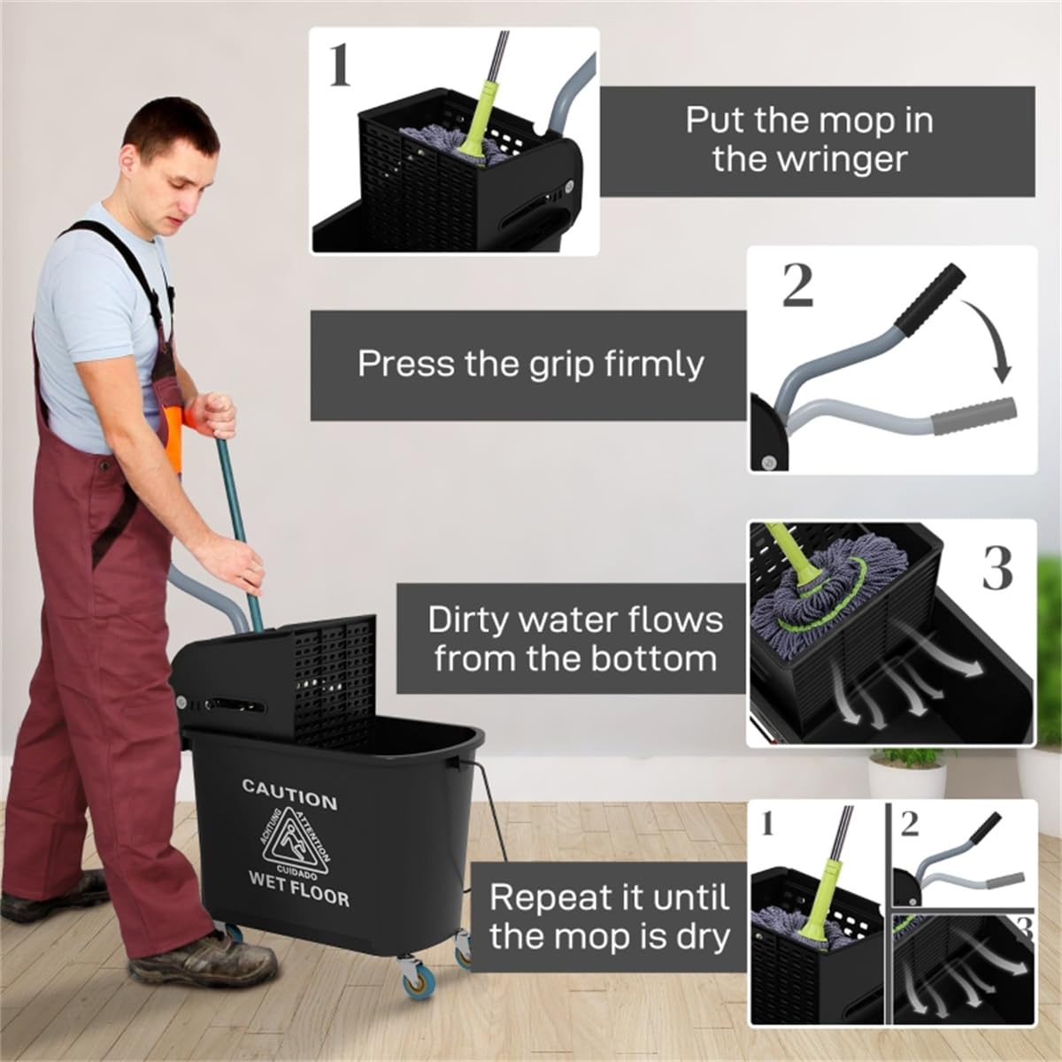 Commercial Mop Bucket with Wringer on Wheels, 21 quart Plastic Tandem Mopping Bucket Dirty Water Separator for Home Office Floor Cleaning
