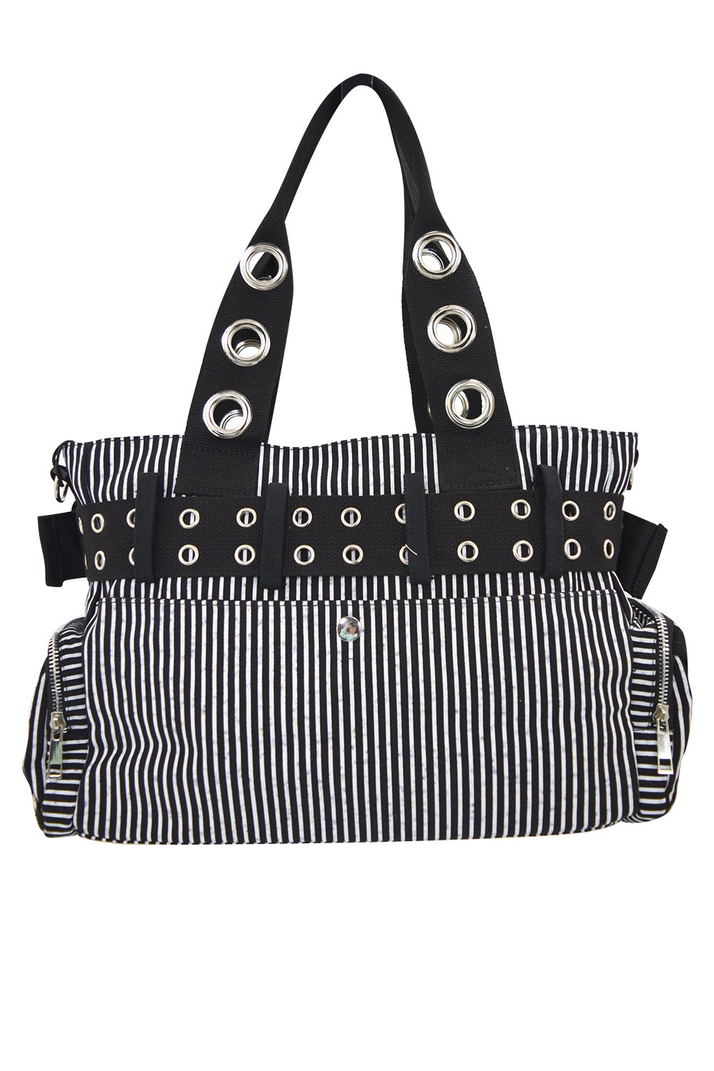 Lost Queen Striped Punk Rock Steampunk Purse with Handcuff Skull Charm (White), Medium