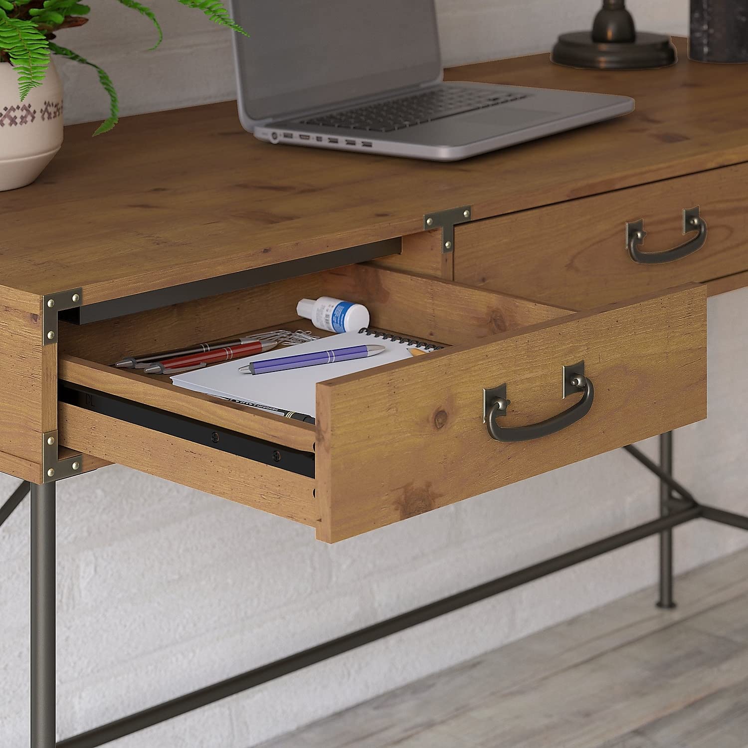 Bush Furniture Ironworks Writing Desk with 2 Drawer Mobile File Cabinet, 60W, Vintage Golden Pine