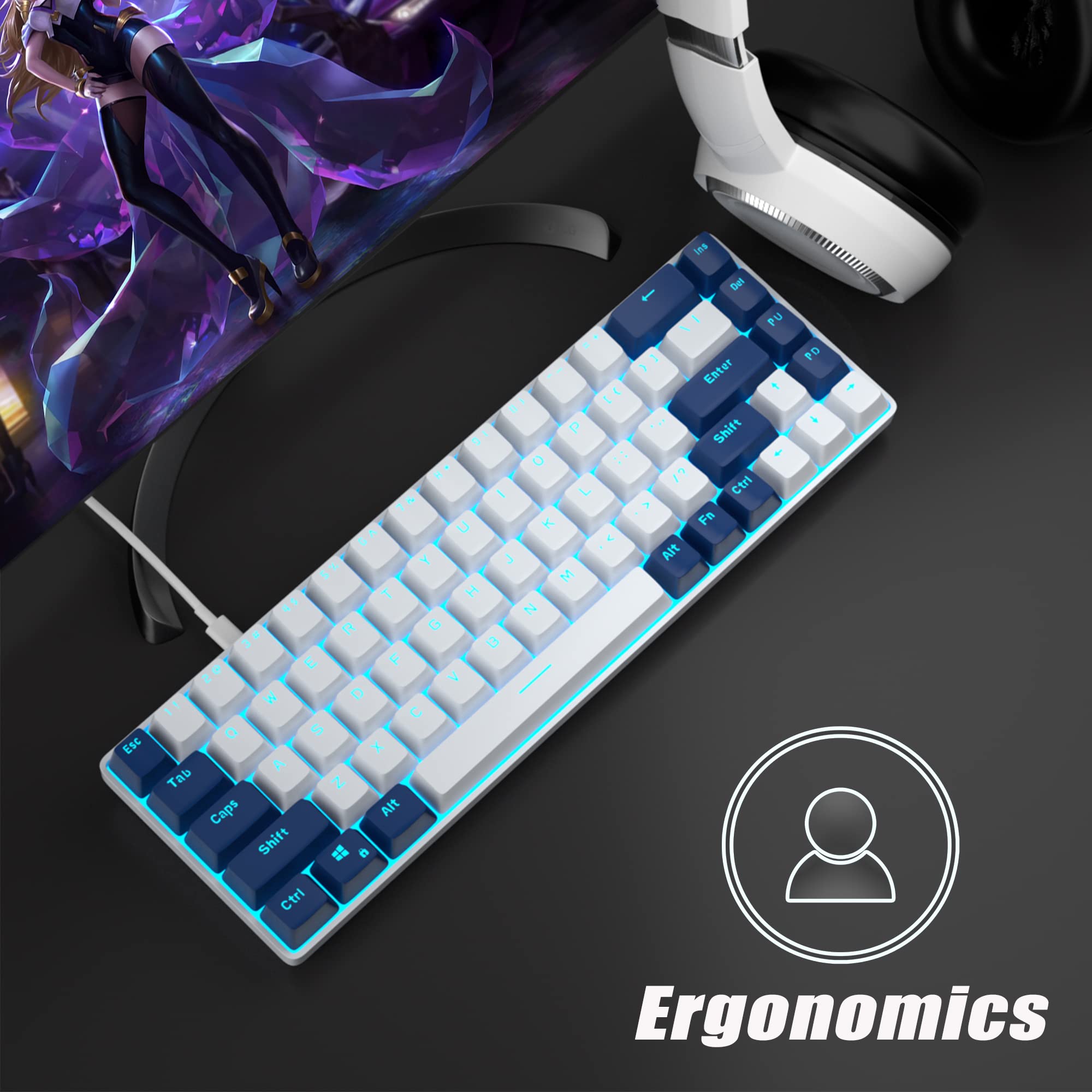 Camiysn 60 Percent Mechanical Keyboard,Compact 68 Keys Anti-ghosting with Red Switch Blue Light with Detachable Type-C Keyboard for PC Gamer Windows Laptop Mac/Xbox(Red Switch, Blue & White)