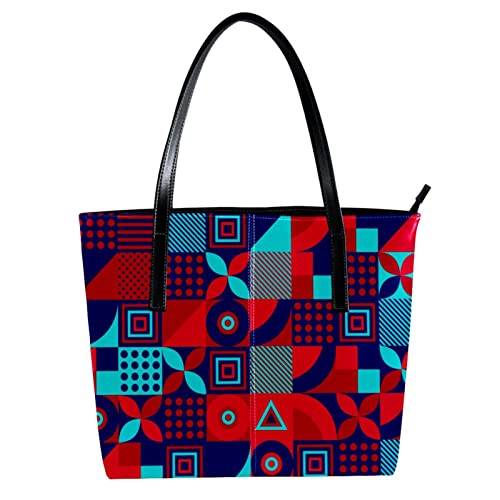Colorful Geometric Tote Bag for Women Girls, Leather Shoulder Bag with Inside Pockets, Zip Top Handbags