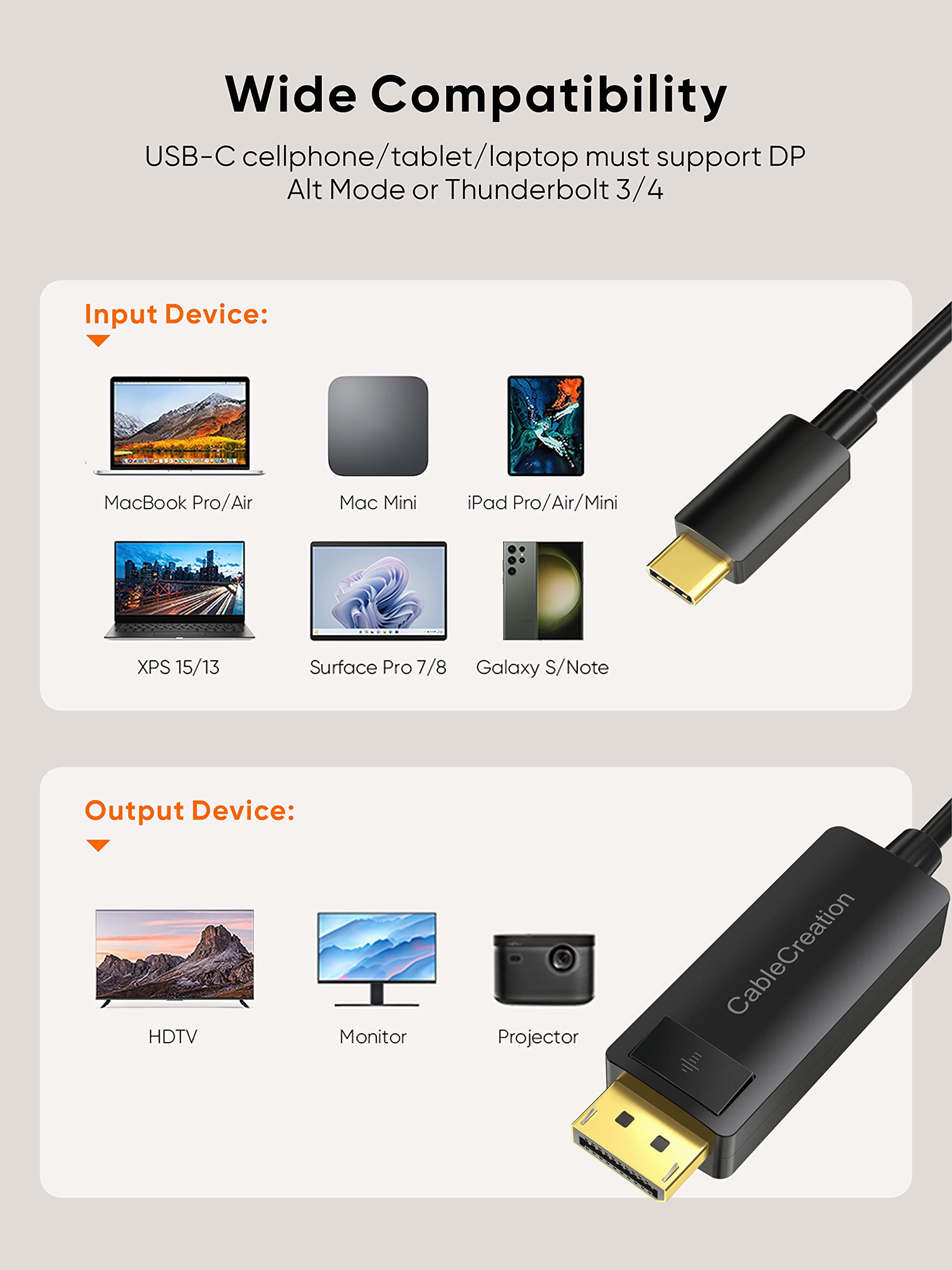 CableCreation 8K USB C to DisplayPort 1.4 Cable 6FT (8K@60Hz, 4K@144Hz, 2K@240Hz, HDR), Type-C (Thunderbolt 3/4) to DP Cable 32.4Gbps Compatible for Oculus Rift S, MacBook Pro/Air, iPad Pro