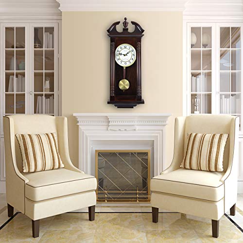 Bedford Clock Collection Classic Chiming Wall Clock with Swinging Pendulum in Cherry Oak Finish, 4.75" L x 11.75" W x 27.50" H