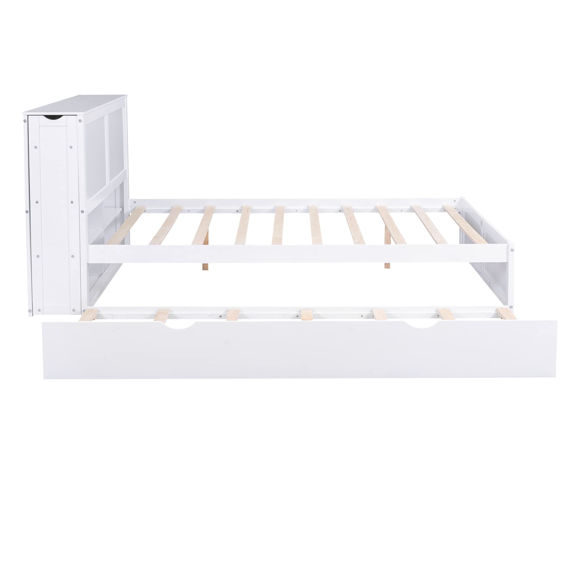 BIADNBZ Queen Size Storage Platform Bed with Pull Out Shelves and Twin XL Trundle, Wooden Bedframe with Headboard, for Bedroom Guest Room Dorm, White