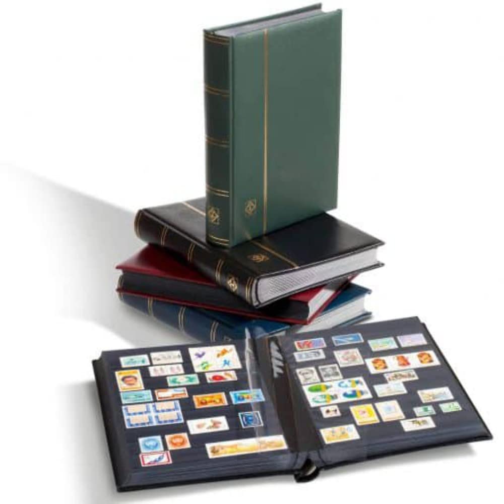 LIGHTHOUSE ā āPREMIUMā Bonded Leather Cover Stockbook for Stamps - 64 Black Cardstock A4 Pages with Clear Strips and Double Linen Hinges - Black