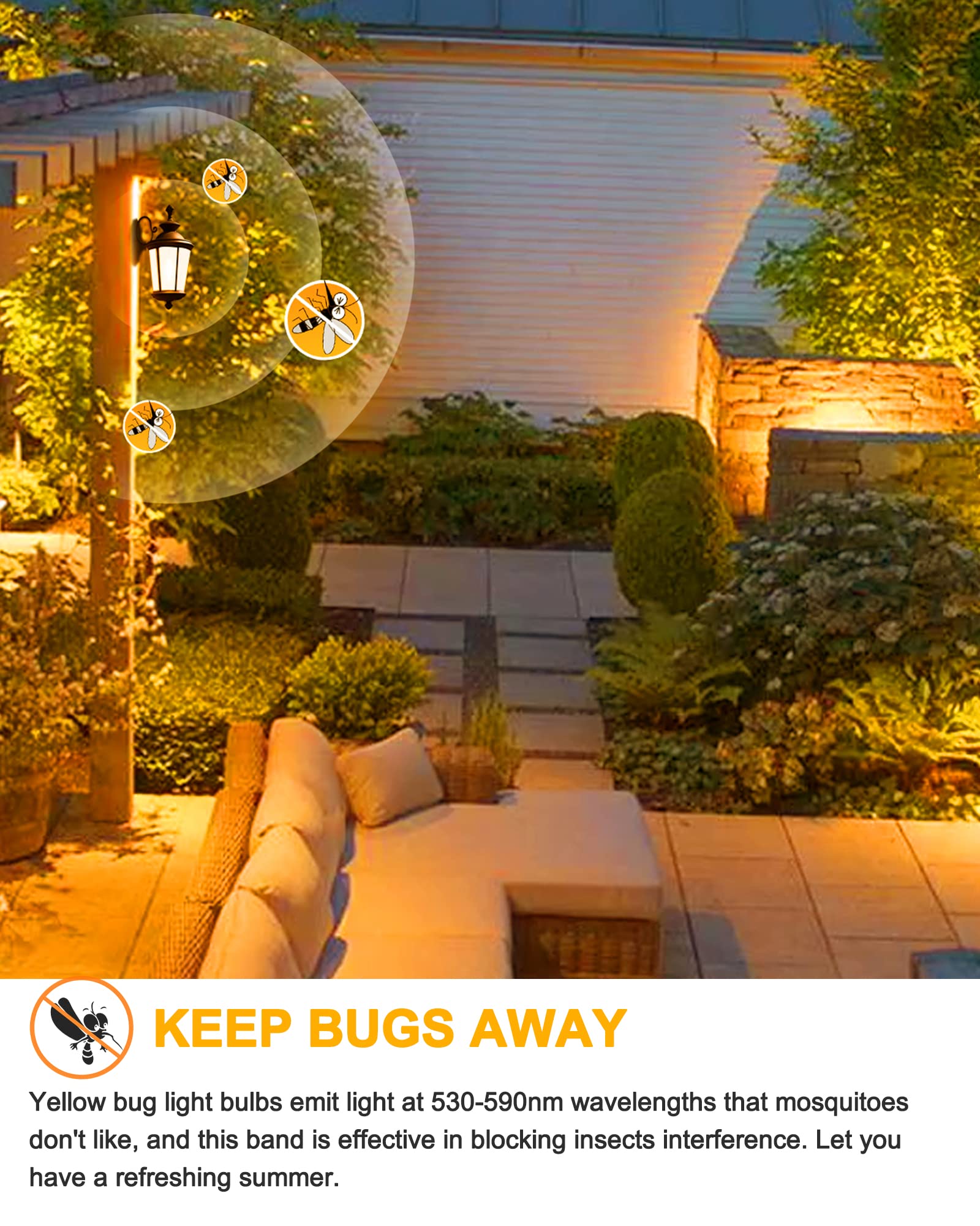 Bug Light Bulbs Outdoor, 40W Equivalent Amber Yellow LED Bug Lights for Outside, 6W 500LM 2000K for Porch Lights, Non-Attracting, Not-Dimmable A19 Bulb for Patio, Deck, Backyard, Hallway, 2 Pack