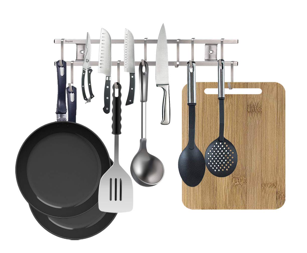 Borju 18 Inch Stainless Steel Magnetic Knife Strip, with 8 Removable Square Hooks, Multi-Use as Knife Holder, Utensil Rack, Cookware Rack, Cutting Board Rack, Space Saving Organizer for Kitchen