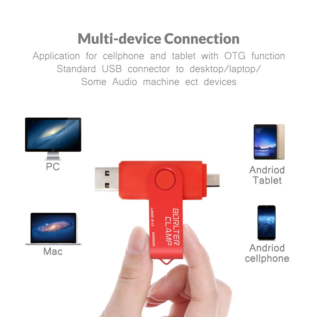 BorlterClamp 128GB USB Flash Drive Dual Port Memory Stick, OTG Thumb Drive with Micro USB Drive Port for Android Smartphone Tablet & Computer (Red)
