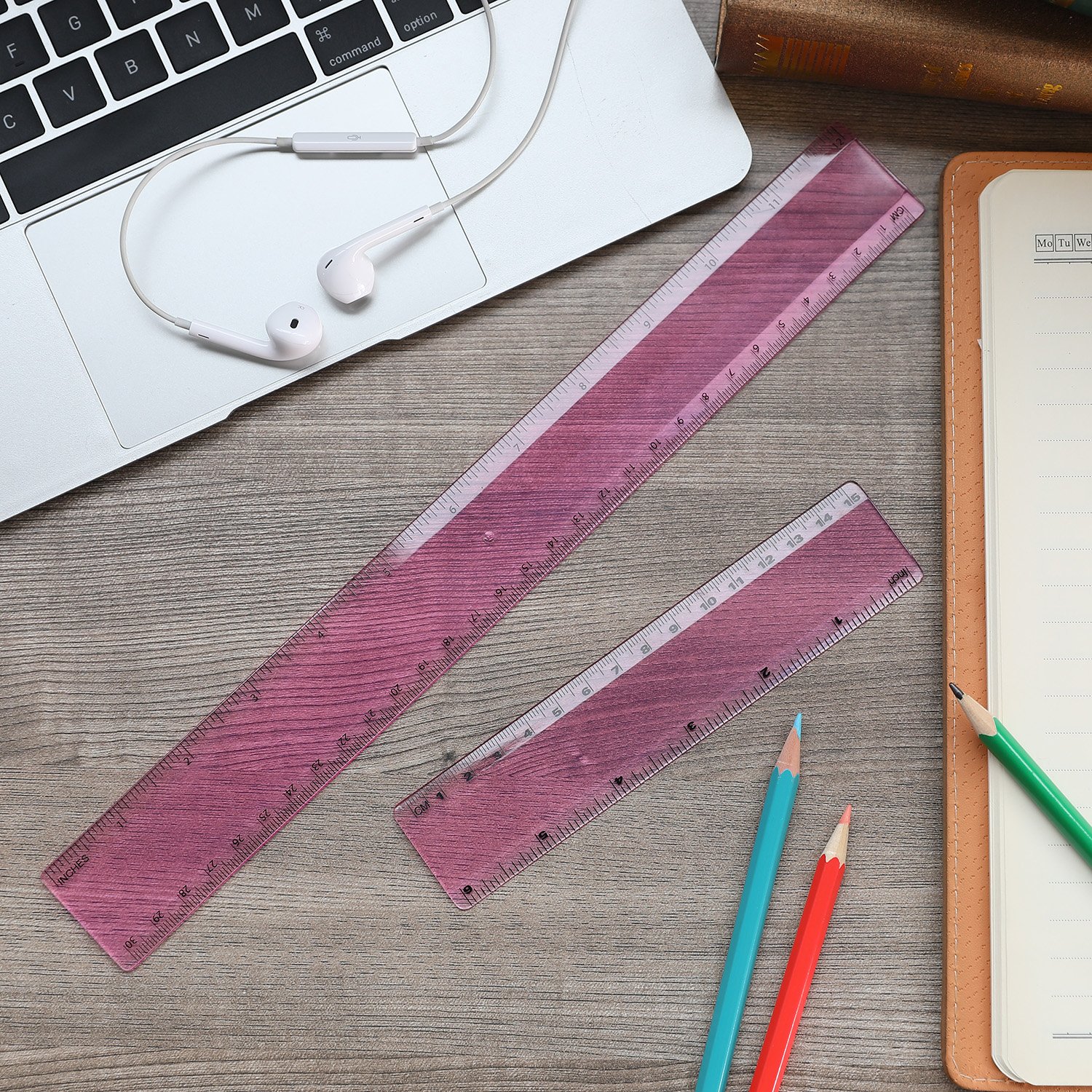 eBoot Plastic Ruler Straight Ruler Plastic Measuring Tool 12 Inches and 6 Inches, 2 Pieces (Black) (Pink Purple)