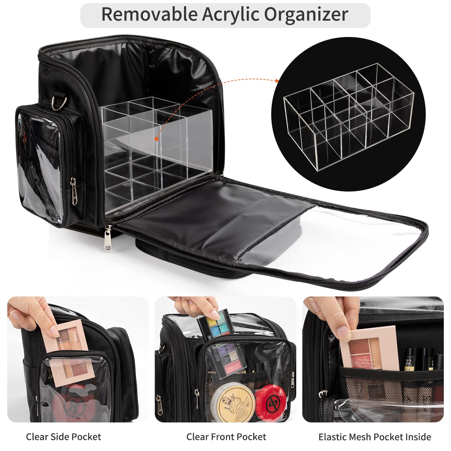 CUBETASTIC Makeup Brush Bag, Professional Makeup Brushes Organizer Case, Cosmetic Storage Bag with Removable Acrylic Holder, Makeup Artist Must Haves with Adjustable Strap and Dividers