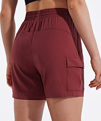 MASKERT Women's Hiking Cargo Shorts Quick Dry Athletic Golf Shorts 5 Inches Lightweight Running Summer Casual Shorts with Pockets, Ruby Wine L