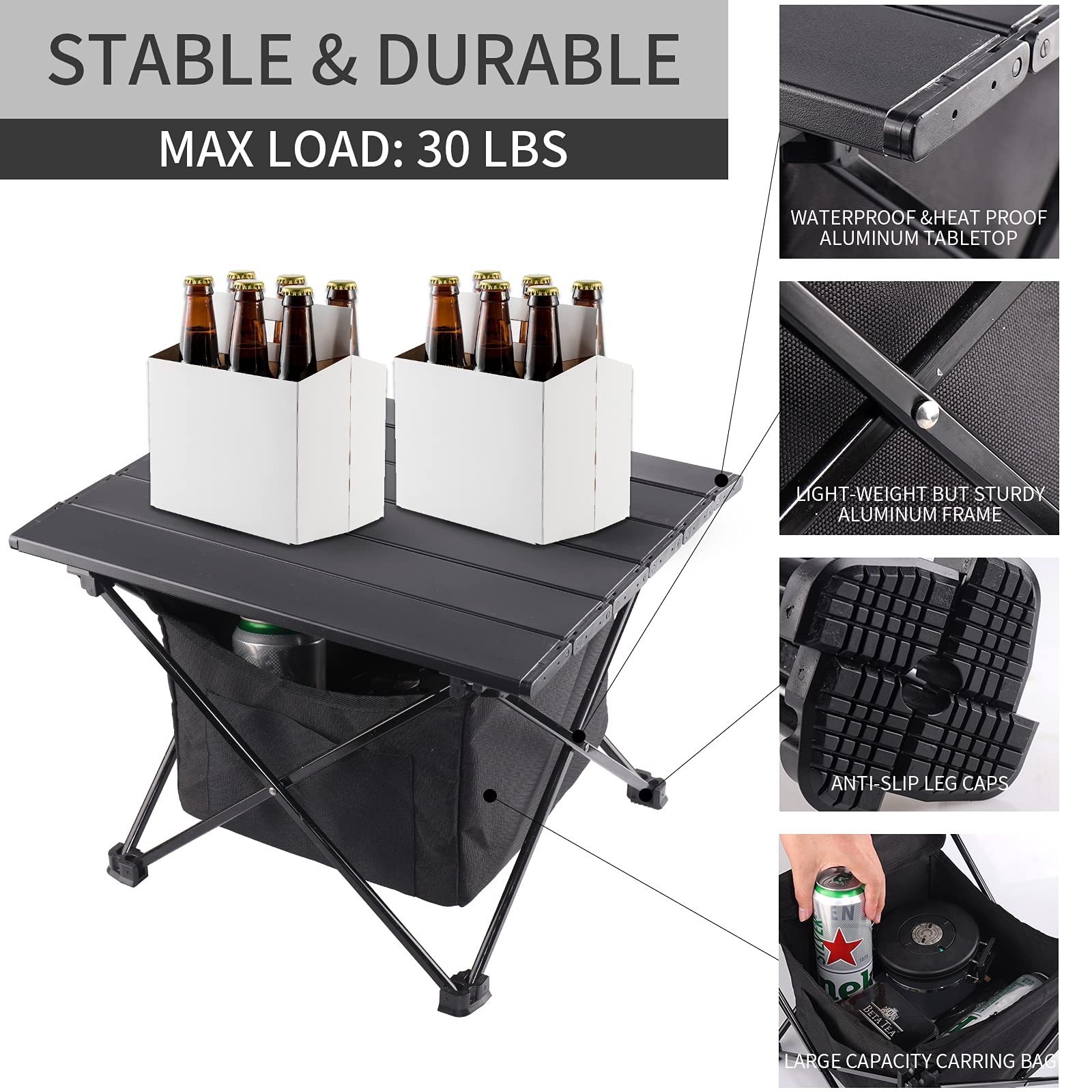 BlueZOO Portable Camping Table with Carrying Bag, Lightweight Aluminum Foldable Tabletop for Outdoor Camp, Cooking, Picnic, BBQ, Folding Beach Tables with Storage for Sand, 15.8x13.8x11.4inches