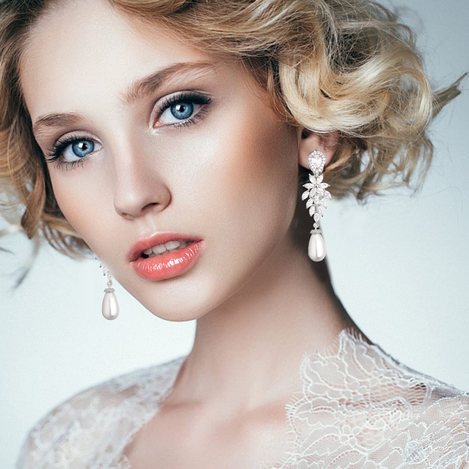 Cubic Zirconia Pearl Drop Wedding Earrings for Brides Bridesmaids, Pearl Drop Earrings for Women Parties, weddings, appointments. (Silver)
