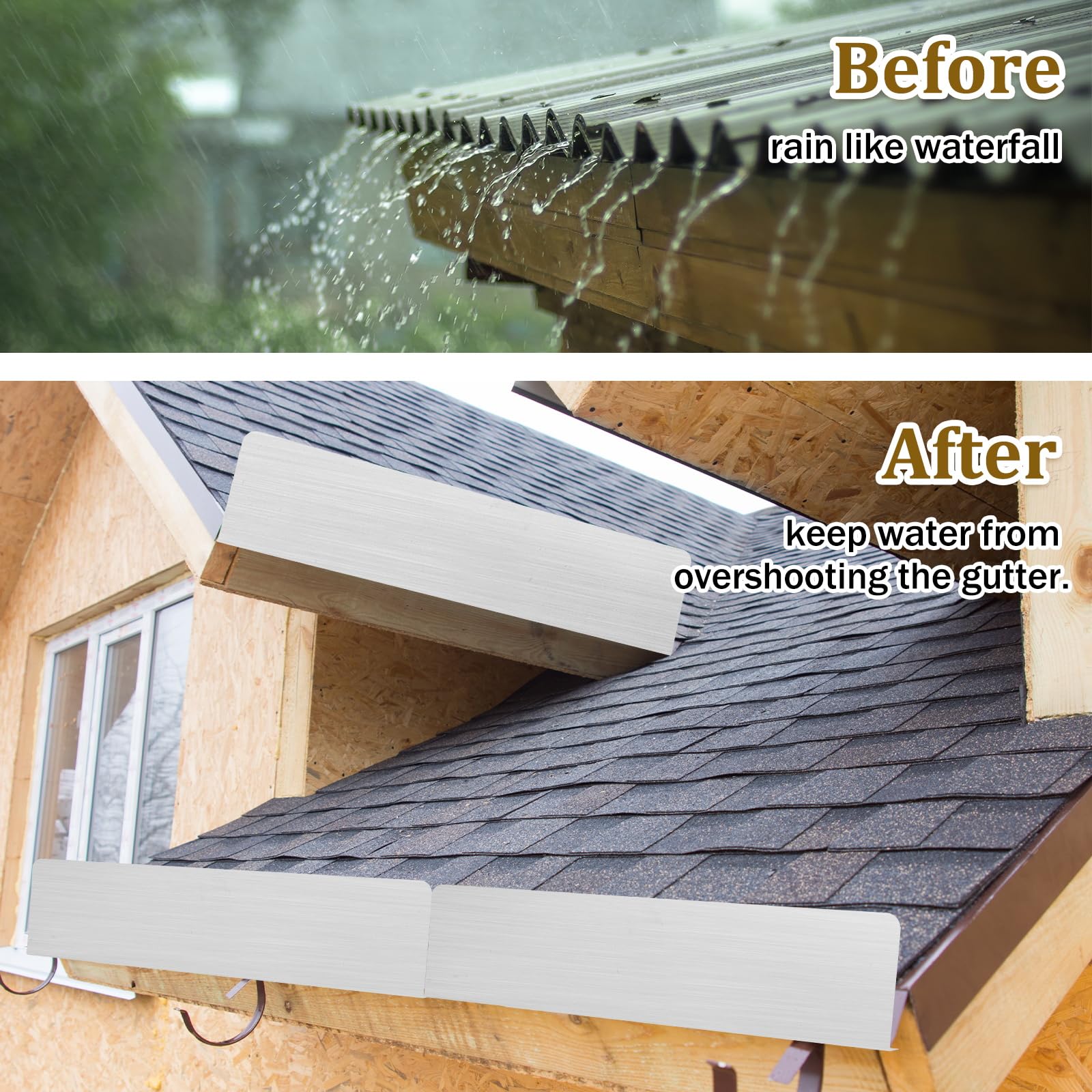 Blulu 2 Pcs Gutter Guard Gutter Valley Splash Guard Aluminum Roof Rain Diverter with 20 Screws Roofing Gutters Accessories for House Residential Flat Shingle Roofs Corner (Straight Style)