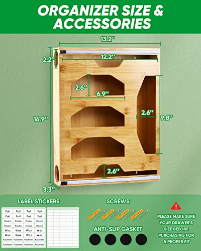 ONUEMP Ziplock Bag Storage Organizer for Kitchen Drawer, Aluminum Foil and Plastic Wrap Dispenser with Slide Cutter Fits 12" Roll, Bamboo Baggie Organizer Holder for Gallon, Quart, Sandwich and Snack