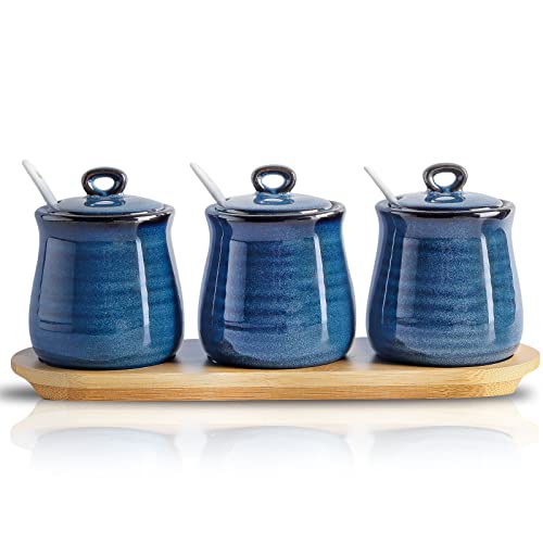 Hasense Porcelain Condiment Jar,10oz Spice Container with Lid Spoon and Bamboo tray,Small Salt Sugar Pepper Seasoning Pots Box Set of 3,Ceramic Condiment Container for Home kitchen Counter๏ผBlue๏ผ