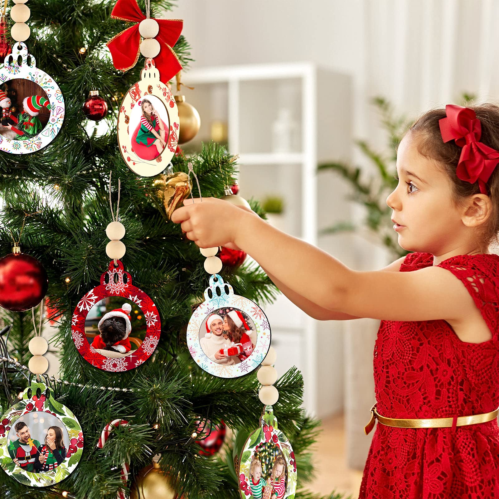 Blulu 24 Pcs Wooden Photo Frame Ornaments - Red Black Plaid Hanging Ornaments for Christmas Tree Stockings Decorations