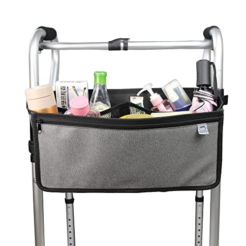 MDSTOP Walker Basket, Walker Bag Water Cup Holder, Foldable Walker Attachment Hands-Free Storage Bag for Elderly, Senior, Large Capacity with Zippered Phone Pocket (Not Fit Rollator Walkers) (Grey)