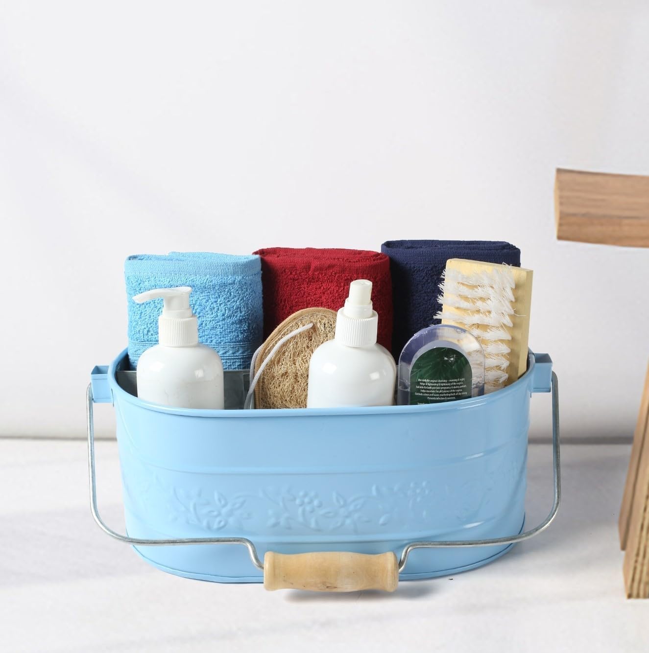 Blue Metal Farmhouse Galvanized Caddy With Wooden Handle - Vintage Rustic Kitchen Organizer With 4 Compartments For Flatware, Napkins, Plates, Cutlery, Flatware, Utensils - SKY Blue