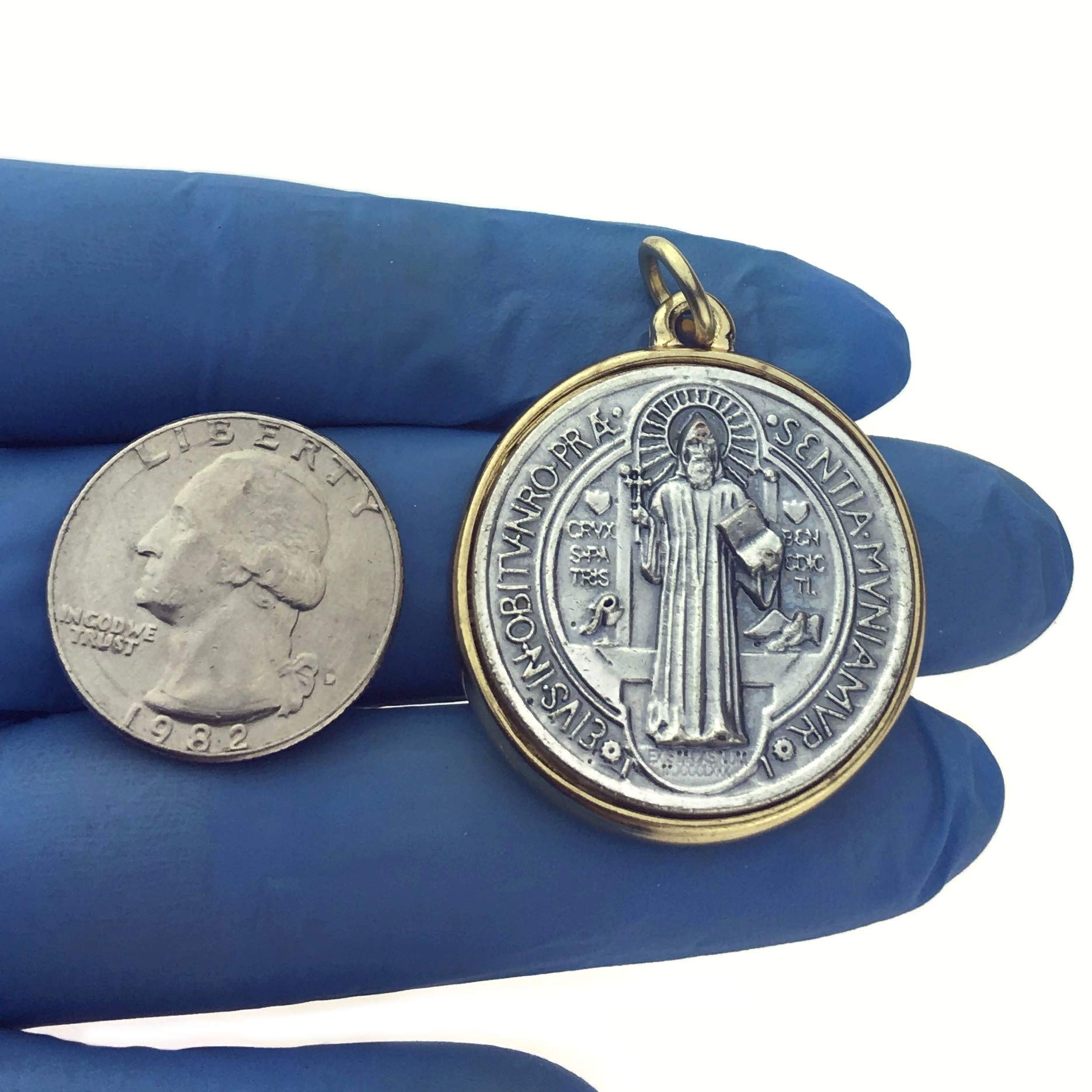 Bling Cartel Medalla De San Benito Saint St Benedict Two Tone Medallion Antiqued Silver & Gold Finish 35mm Medal