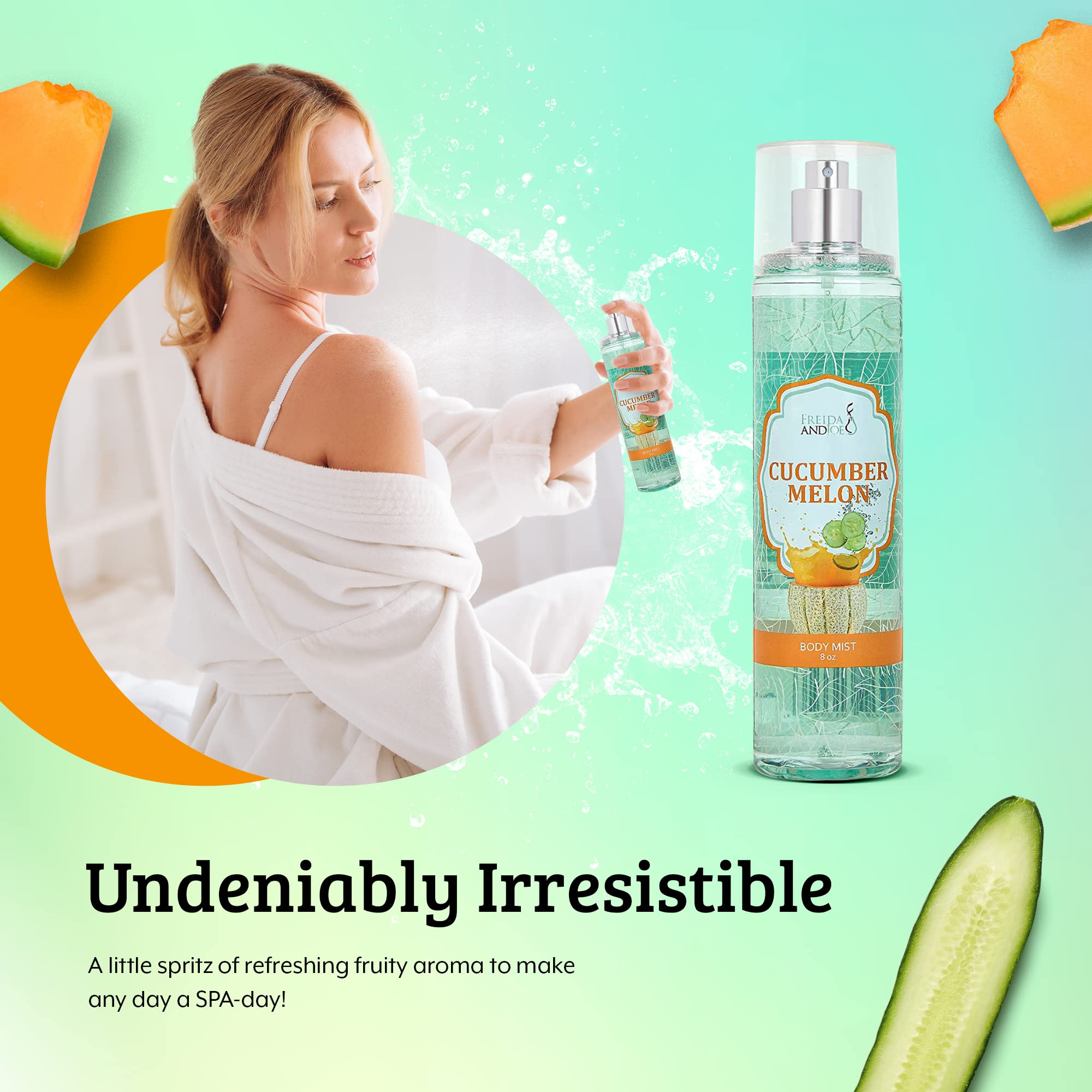 Cucumber Melon Fine Fragrance Body, Womens Perfume Fragrance Body Mist & Sprays, Women's Refreshing Scented Gifts & Presents 8 oz Fine Mist Spray Bottle