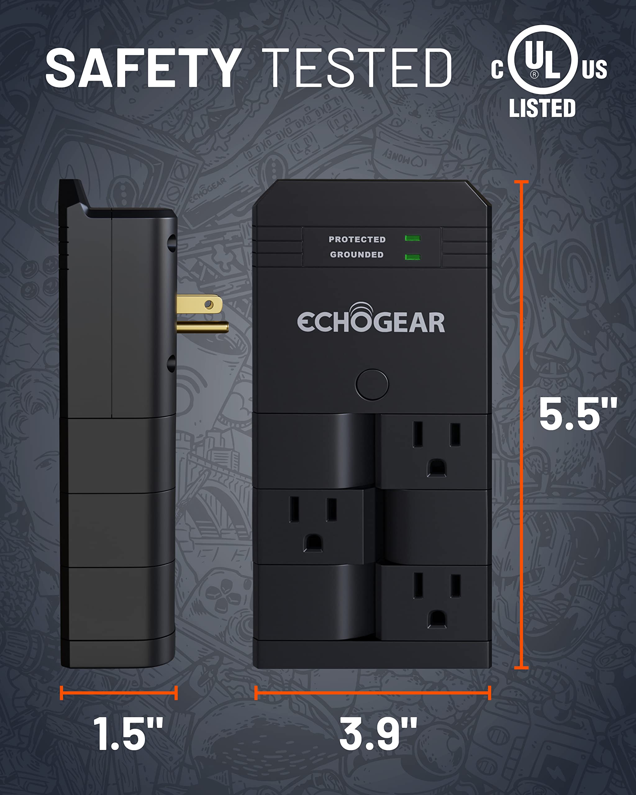ECHOGEAR Wall Outlet with Surge Protection - Power & Protect 8 Devices with 6 Rotating AC Plugs & 2 USB Ports - Includes 1x USB-C Port & 1x USB-A Port - Black