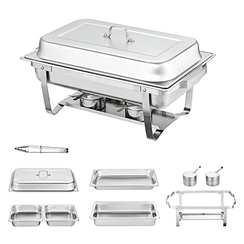 Mophorn Chafing Dish Buffet Set, 8 Qt 2 Pack, Stainless Chafer w/ 2 Full & 4 Half Size Pans, Rectangle Catering Warmer Server w/Lid Water Pan Folding Stand Fuel Tray Holder Clip