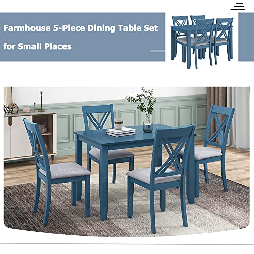 Harper & Bright Designs Rustic Wood 5-Piece Dining Table Set,Minimalist Wooden Kitchen Table Set with Table and 4 X-Back Dining Chairs,Blue