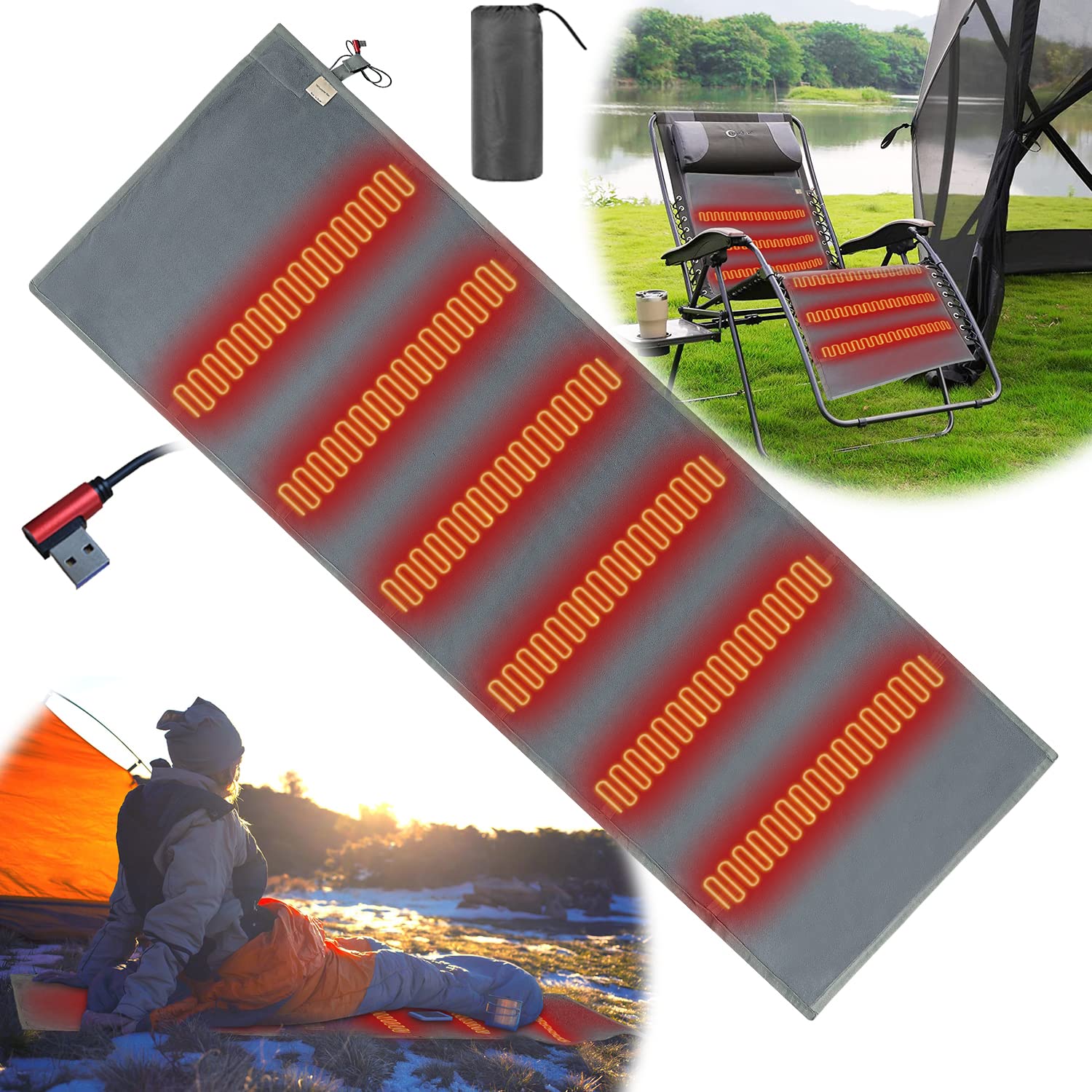 Camping Heated Sleeping Bag Pad - Battery Operated Heating Pad Rechargeable USB Powered Heater for Outdoor Tent