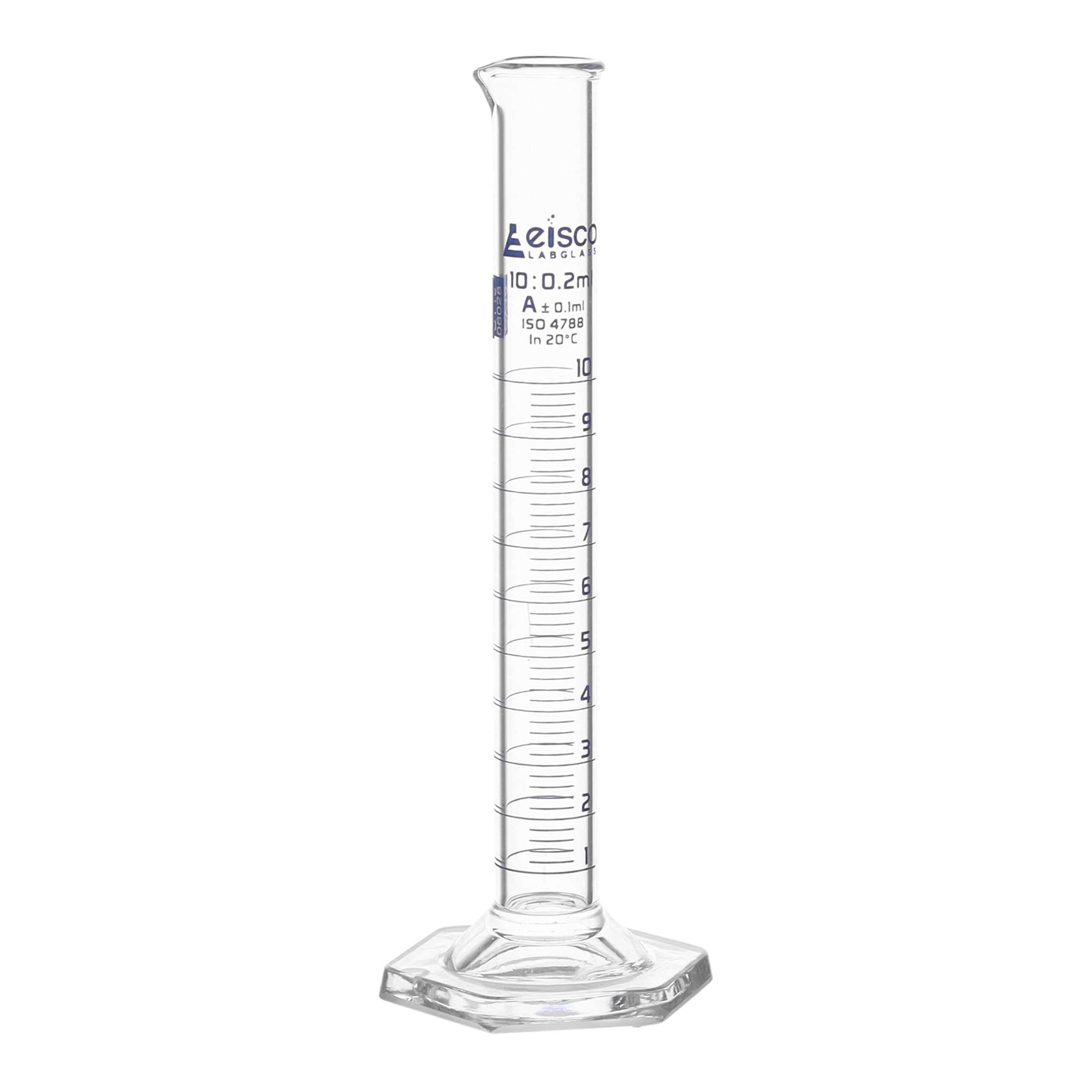 EISCO Graduated Cylinder, 10ml - Class A Tolerance Âą0.10ml - Hexagonal Base - Blue Graduations - Borosilicate 3.3 Glass