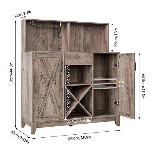 HOSTACK Wine Bar Cabinet for Liquor and Glasses, Barn Doors Wine Cabinet with Adjustable Storage Shelves, Wooden Sideboard Buffet Storage Cabinet for Kitchen, Dining Room, Farmhouse Ash Grey