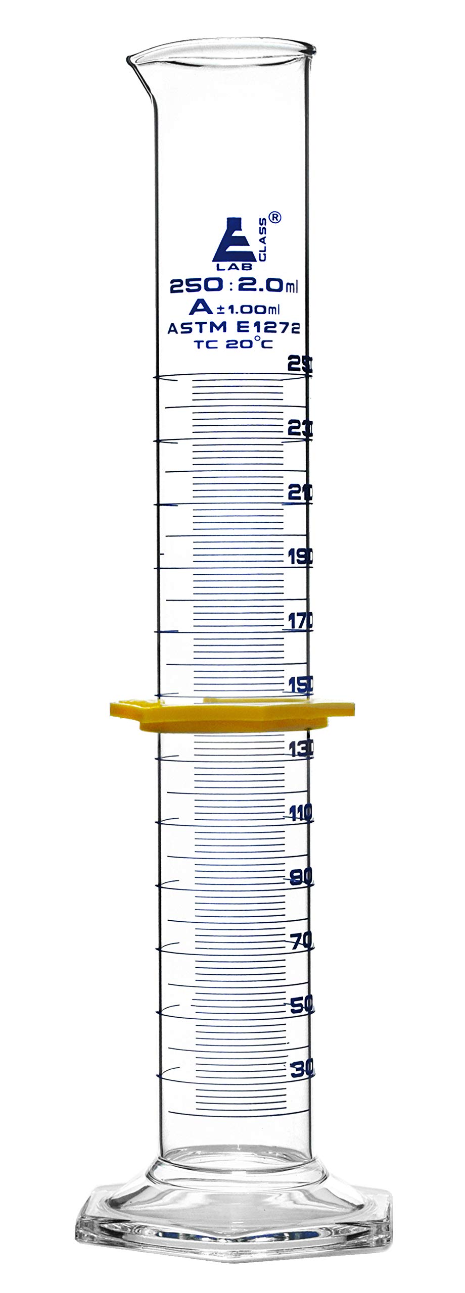 EISCO Graduated Cylinder, 250mL - ASTM, Class A Tolerance ±1.00mL - Protective Collar, Hexagonal Base - Blue Graduations - Borosilicate 3.3 Glass