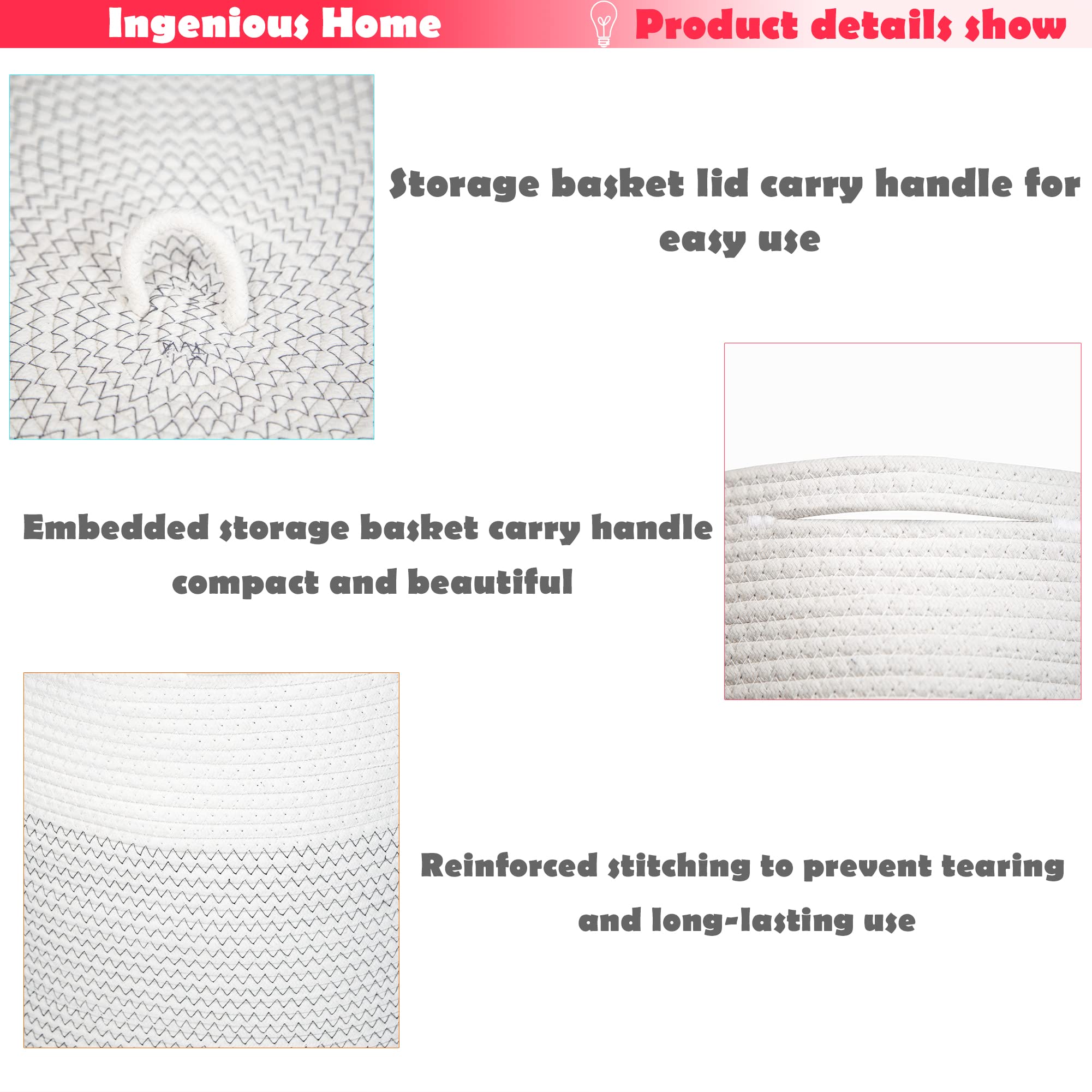 Ingenious Home –basket with lid, woven baskets for storage, nursery hamper with lid, for room living room decorative storage, multi-Purpose lidded basket( Gray line 16D x 14H inch)